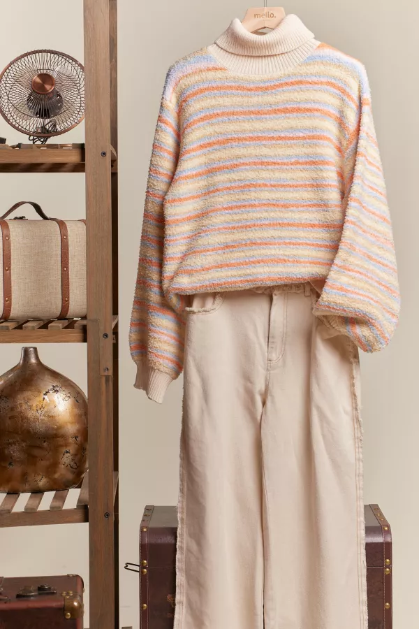 Wholesale Turtle Neck Multi Striped Sweater - Mello
