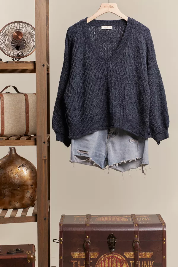 Wholesale Deep V Neck Cropped Ribbed Sweater - Mello